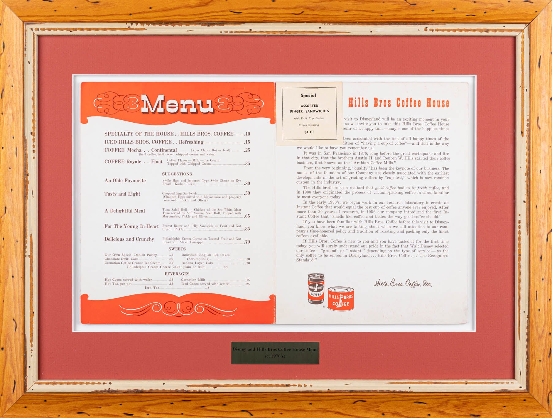 Disneyland Hills Bros Coffee House Menu c.1970's – Stage Nine Entertainment